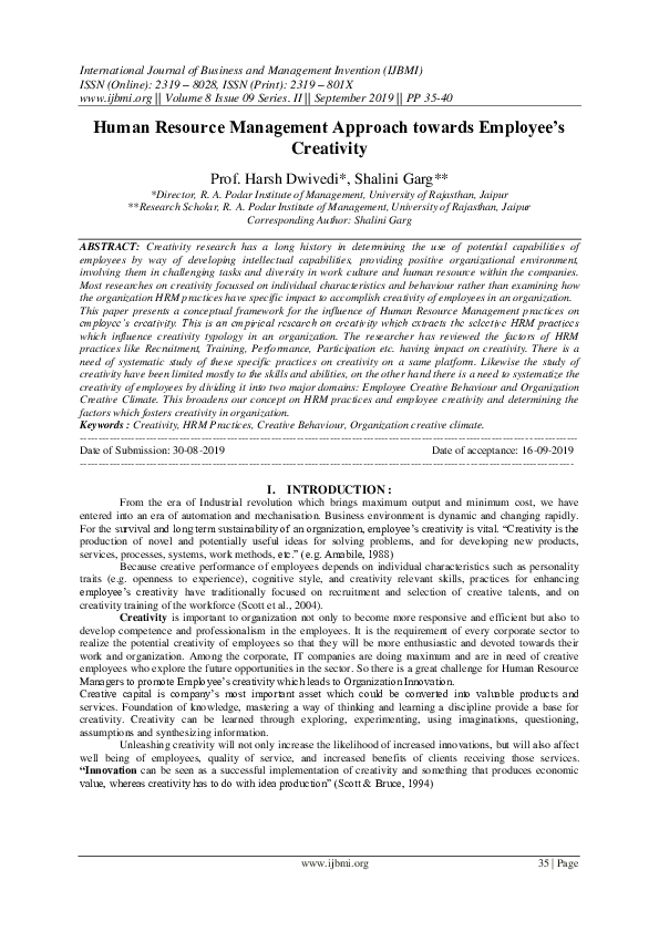 (PDF) Human Resource Management Approach towards Employee’s Creativity
