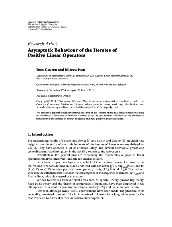 Pdf Asymptotic Behaviour Of The Iterates Of Positive Linear Operators