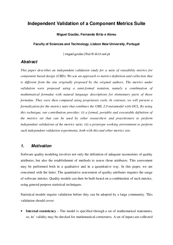 (PDF) Independent validation of a component metrics suite | Fernando Brito e Abreu - Academia.edu