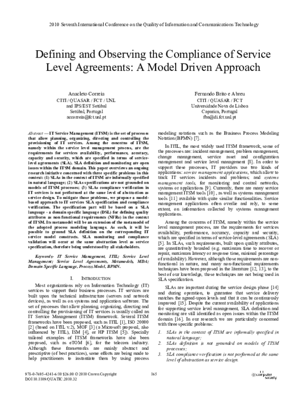 (PDF) Defining and Observing the Compliance of Service Level Agreements: A Model Driven Approach