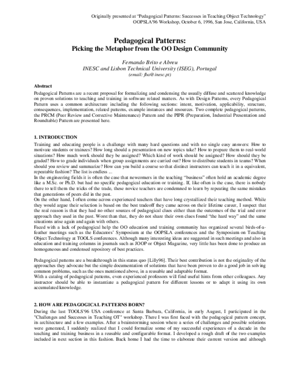 (PDF) Pedagogical Patterns: Picking the Metaphor from the OO Design ...