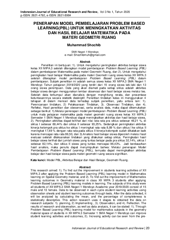(PDF) Penerapan Model Pembelajaran Problem Based Learning (PBL) Untuk Meningkatkan Aktivitas Dan ...