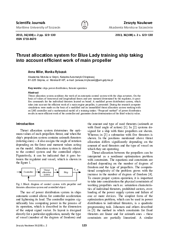 Pdf Thrust Allocation System For Blue Lady Training Ship Taking Into Account Efficient Work Of 