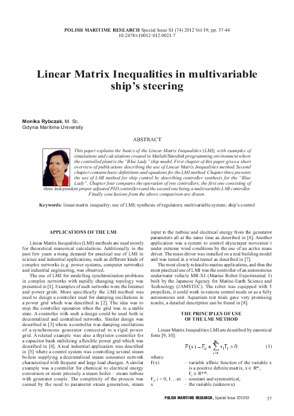 (PDF) Linear Matrix Inequalities in multivariable ship’s steering