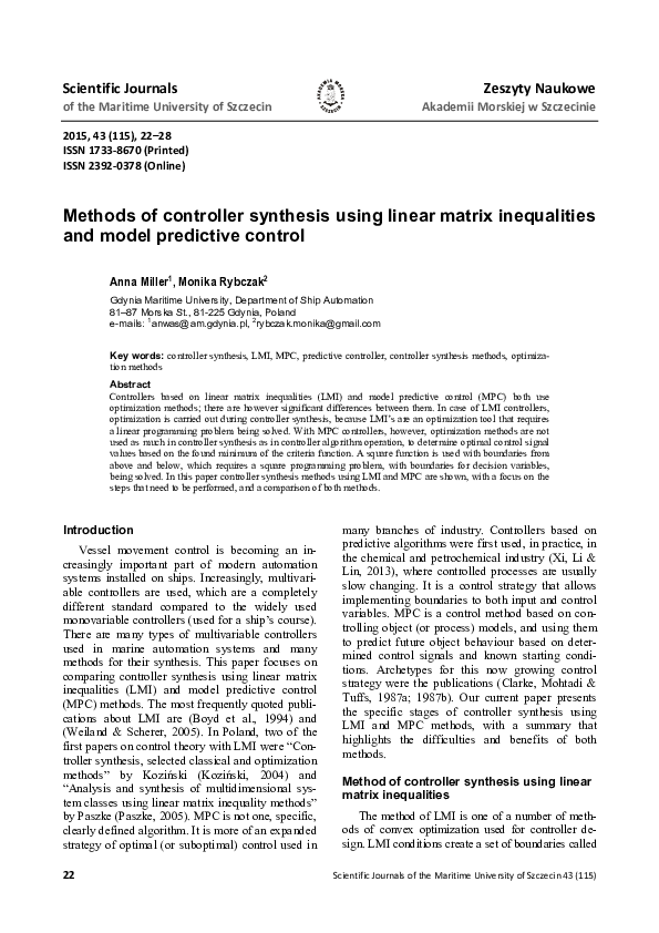 Pdf Methods Of Controller Synthesis Using Linear Matrix Inequalities
