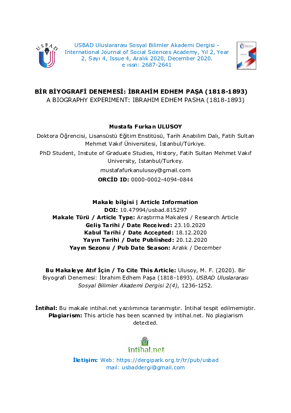 (PDF) Bi̇r Bi̇yografi̇ Denemesi̇: İbrahi̇m Edhem Paşa (1818-1893)