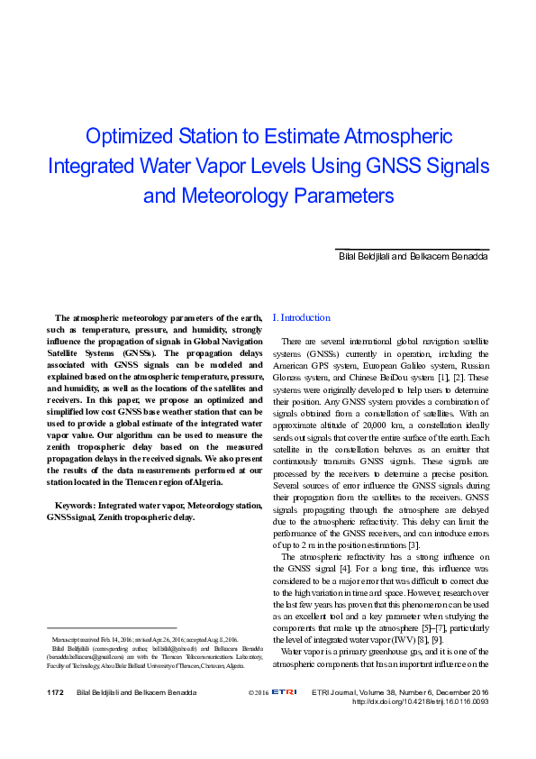 (PDF) Optimized Station to Estimate Atmospheric Integrated Water Vapor Levels Using GNSS Signals ...