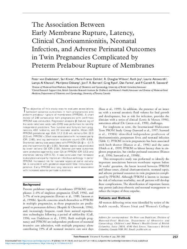 (PDF) The Association Between Early Membrane Rupture, Latency, Clinical ...