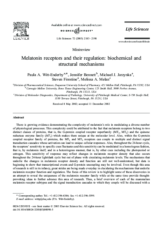 (PDF) Melatonin receptors and their regulation: biochemical and ...