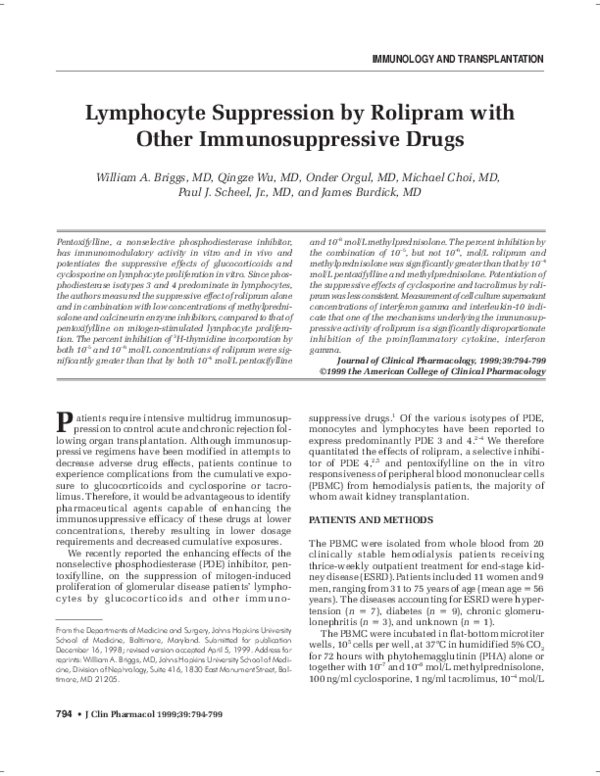 (PDF) Lymphocyte Suppression by Rolipram with Other Immunosuppressive Drugs