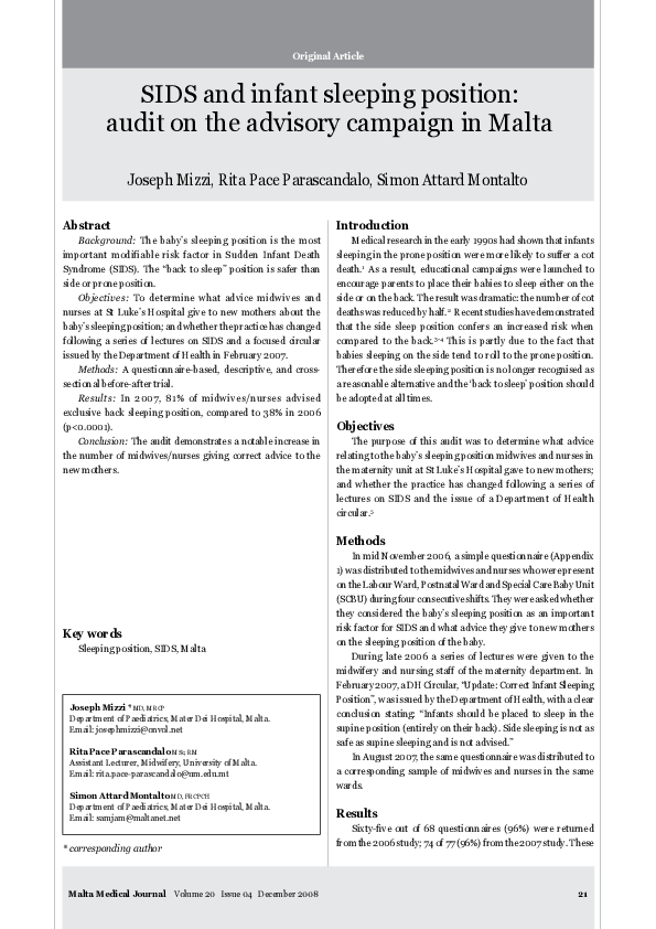 (PDF) SIDS and infant sleeping position: audit on the advisory campaign ...