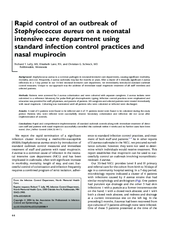 (PDF) Rapid control of an outbreak of Staphylococcus aureus on a ...