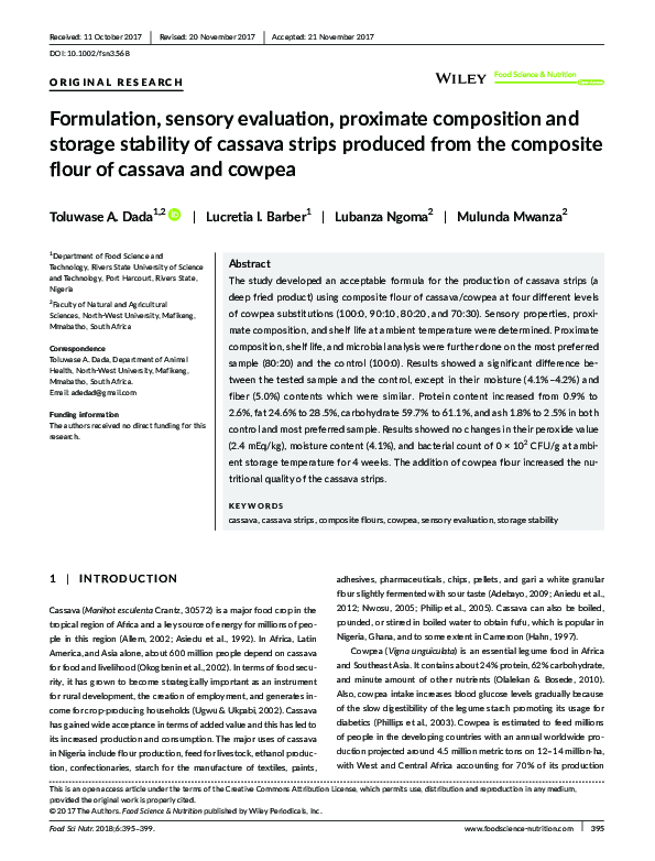 (PDF) Formulation, sensory evaluation, proximate composition and storage stability of cassava ...