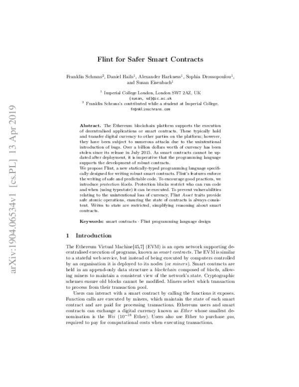 (PDF) Flint for Safer Smart Contracts | Susan Eisenbach - Academia.edu