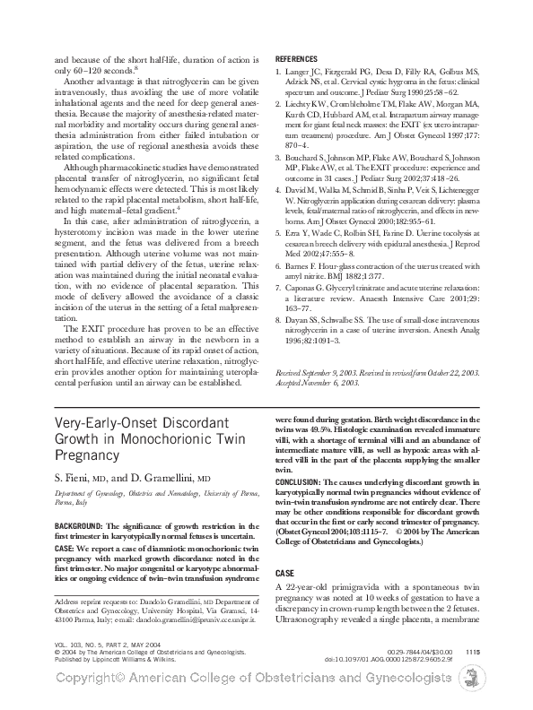 (PDF) Very-Early-Onset Discordant Growth in Monochorionic Twin Pregnancy
