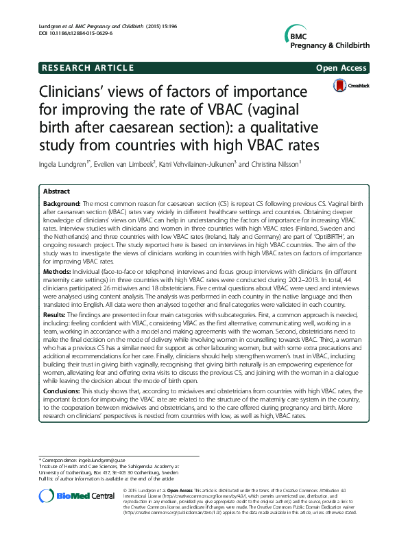 (PDF) Clinicians’ views of factors of importance for improving the rate of VBAC (vaginal birth ...