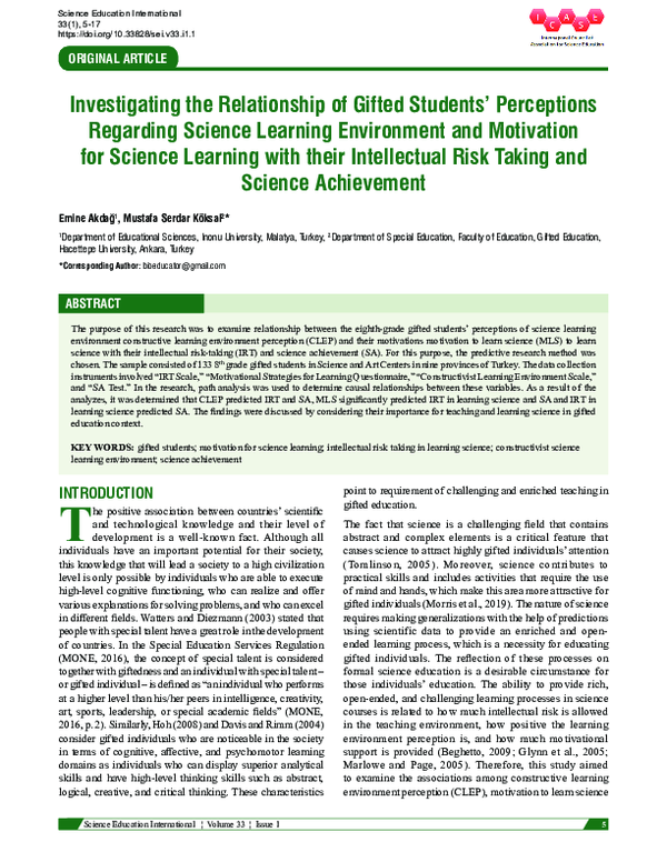(PDF) Investigating the Relationship of Gifted Students’ Perceptions ...