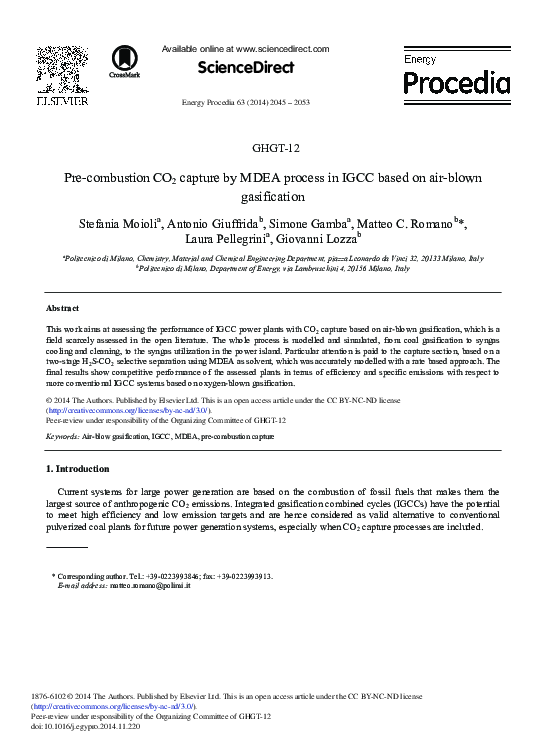 (PDF) Pre-combustion CO2 capture by MDEA process in IGCC based on air-blown gasification