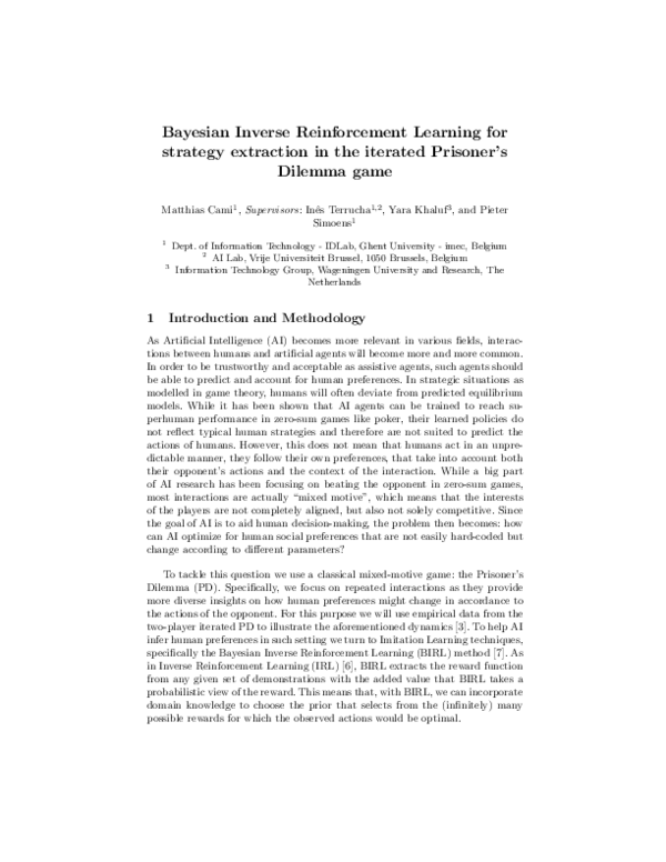 (PDF) Bayesian inverse reinforcement learning for strategy extraction in the iterated prisoner's ...