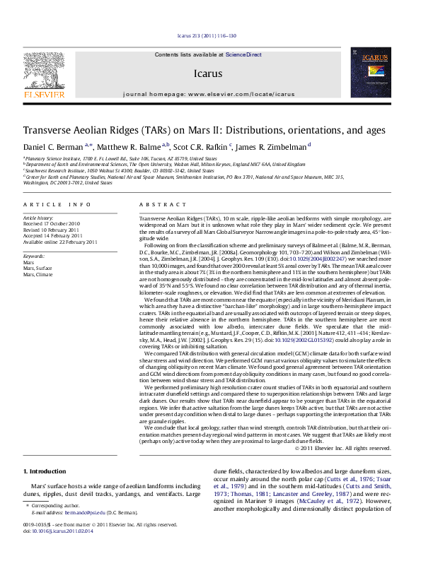 (PDF) Transverse Aeolian Ridges (TARs) on Mars II: Distributions ...