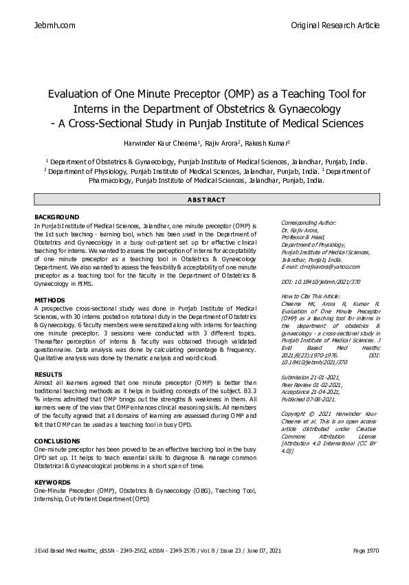 (PDF) Evaluation of One Minute Preceptor (OMP) as a Teaching Tool for ...