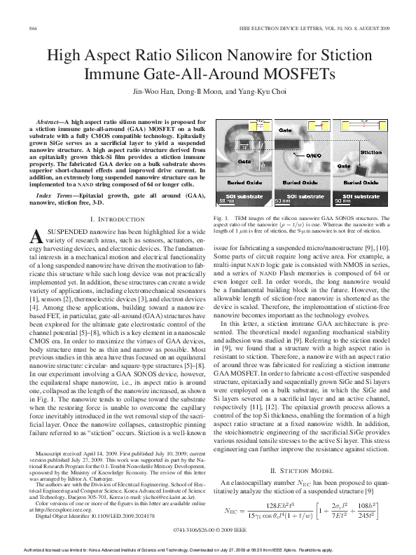 (PDF) High Aspect Ratio Silicon Nanowire for Stiction Immune Gate-All-Around MOSFETs