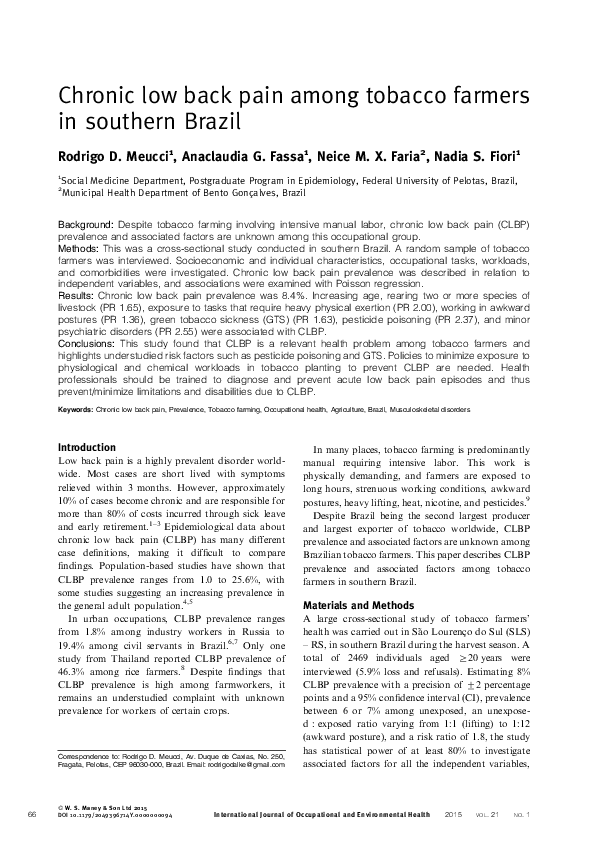 (PDF) Chronic low back pain among tobacco farmers in southern Brazil