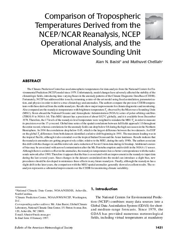 (PDF) Comparison of Tropospheric Temperatures Derived from the NCEP/NCAR Reanalysis, NCEP ...