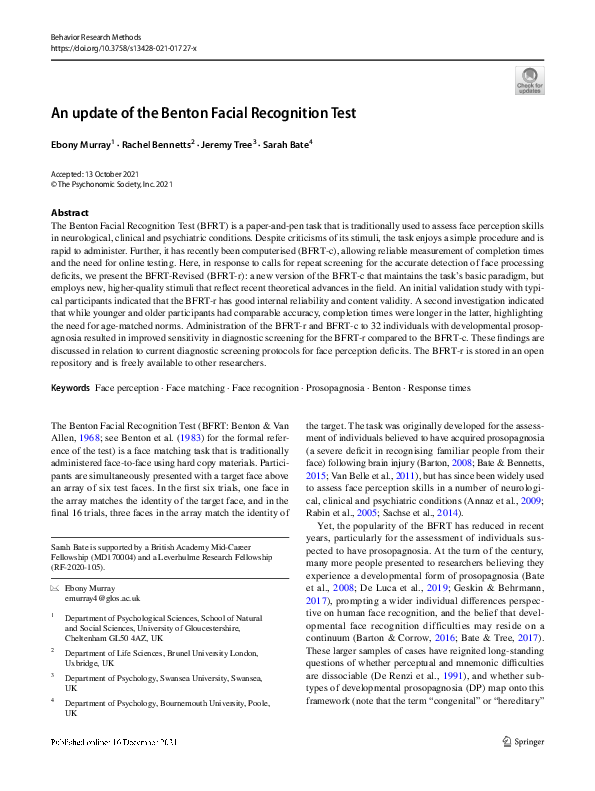 (PDF) An update of the Benton Facial Recognition Test | Jeremy Tree ...