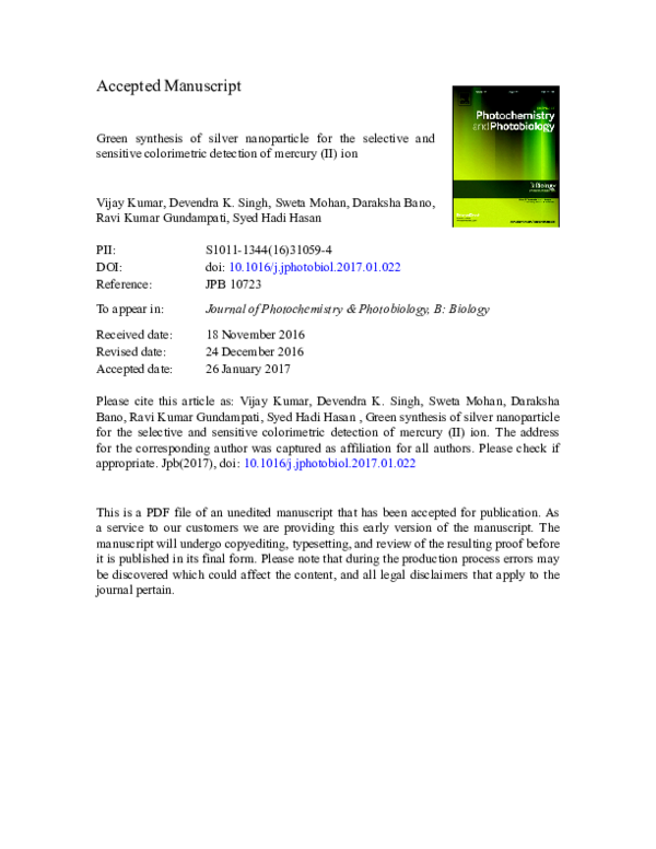 Pdf Green Synthesis Of Silver Nanoparticle For The Selective And Sensitive Colorimetric