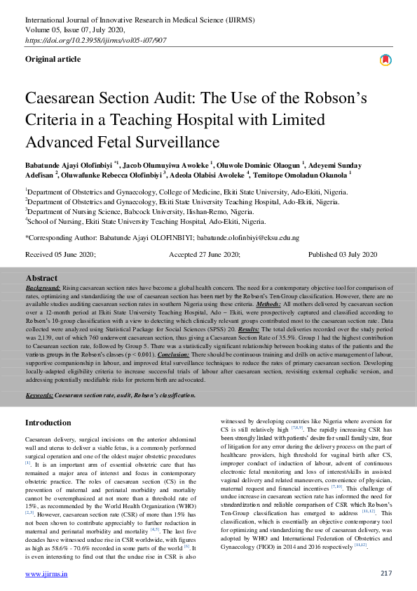 (PDF) Caesarean Section Audit: The Use of the Robson’s Criteria in a ...