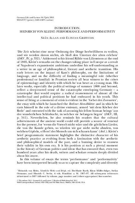 (PDF) Introduction. Heinrich von Kleist: Performance and Performativity