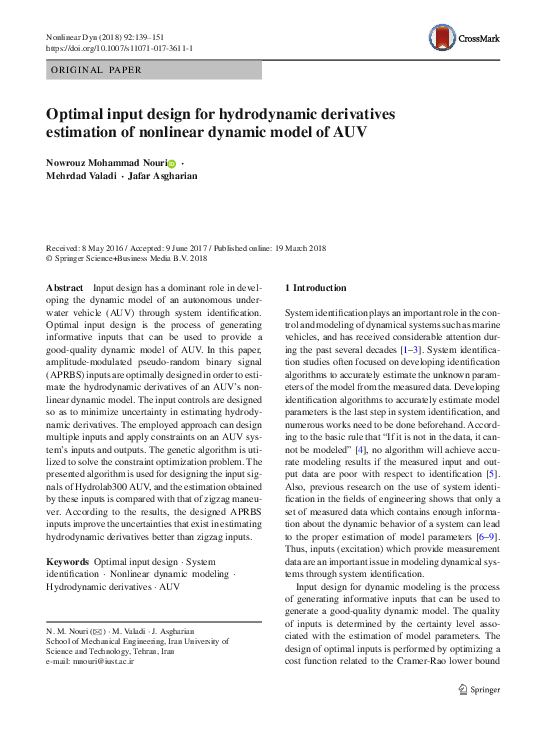 (PDF) Optimal input design for hydrodynamic derivatives estimation of nonlinear dynamic model of AUV