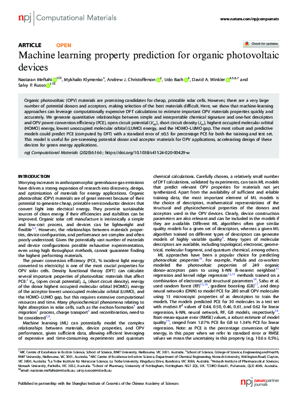 (PDF) Machine learning property prediction for organic photovoltaic devices