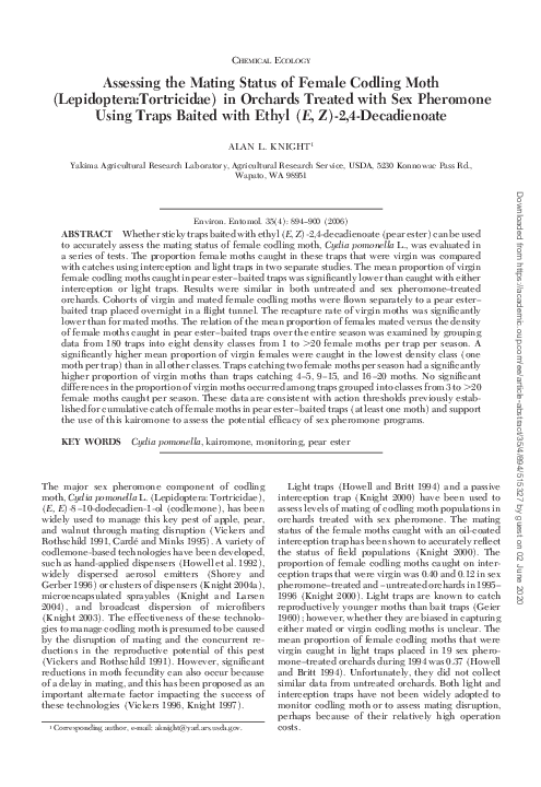 Pdf Assessing The Mating Status Of Female Codling Moth Lepidoptera Tortricidae In Orchards