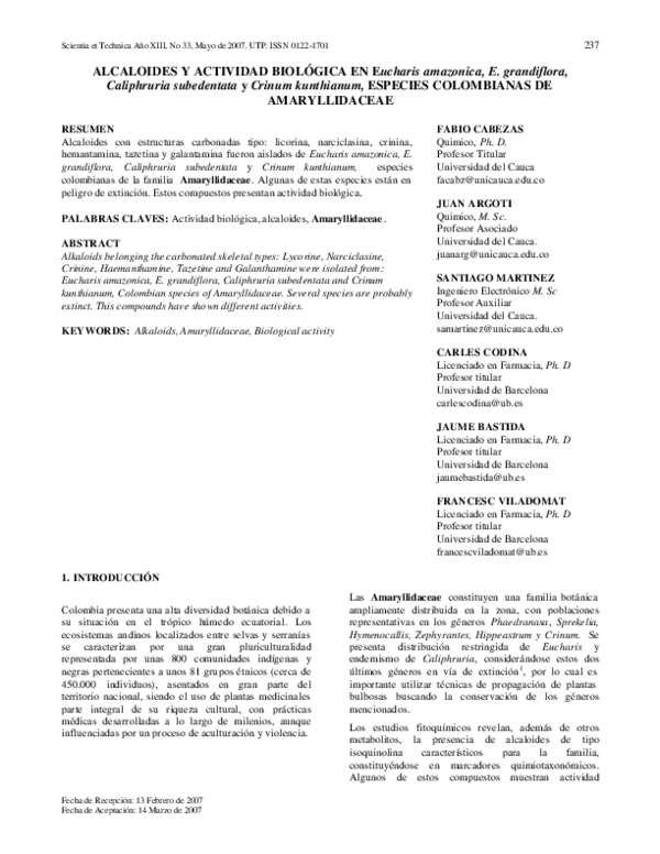 (PDF) ALCALOIDES Y ACTIVIDAD BIOLÓGICA EN Eucharis amazonica, E ...