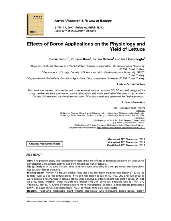 (PDF) Effects of Boron Applications on the Physiology and Yield of Lettuce