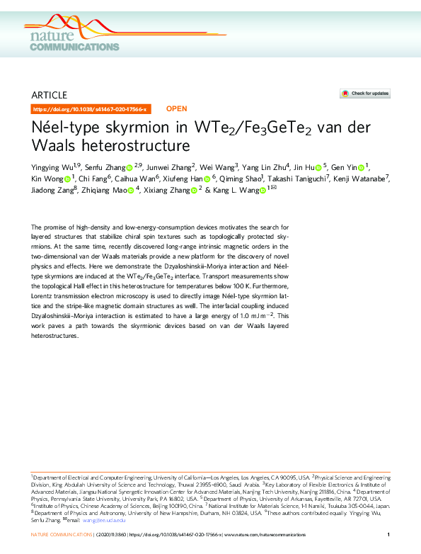 (PDF) Néel-type skyrmion in WTe2/Fe3GeTe2 van der Waals heterostructure ...