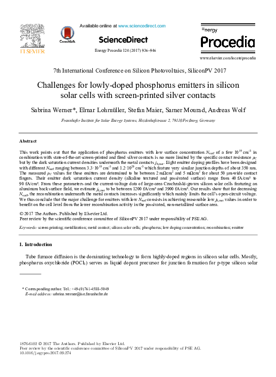 (PDF) Challenges for lowly-doped phosphorus emitters in silicon solar ...