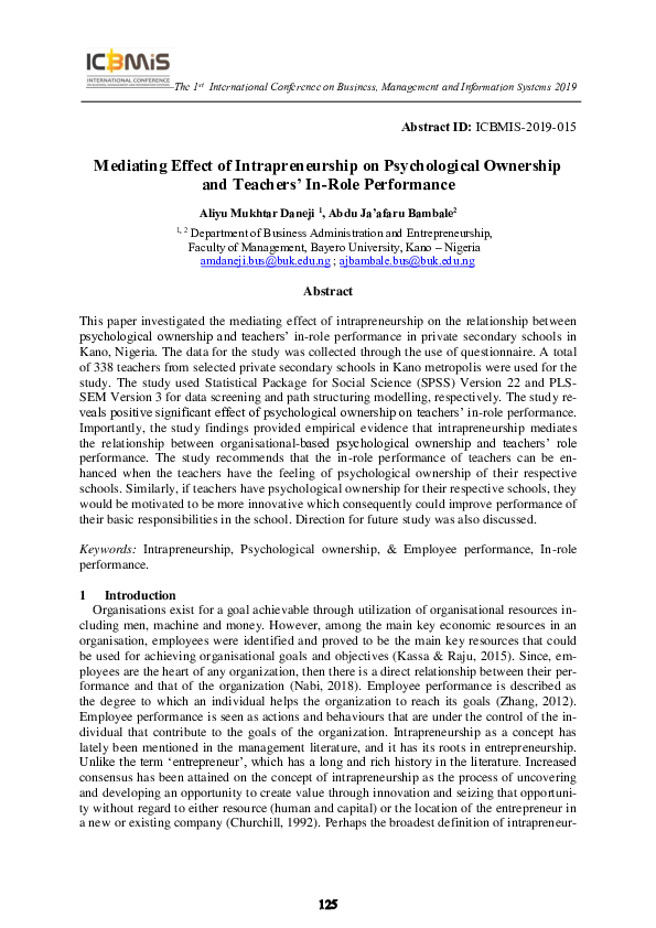 (PDF) Intrapreneurship's Role in Teachers' Performance