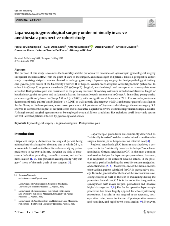 Pdf Laparoscopic Gynecological Surgery Under Minimally Invasive