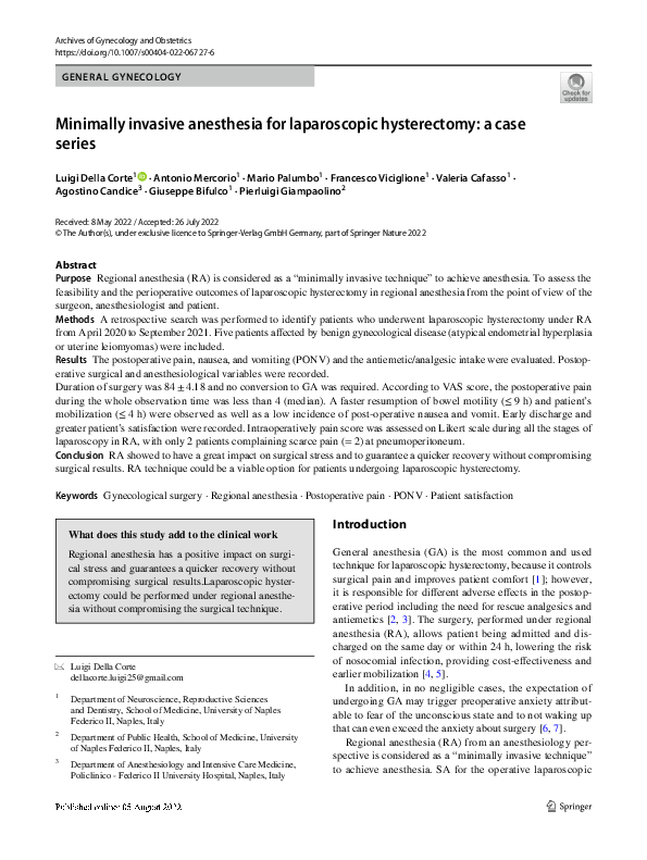 (PDF) Minimally invasive anesthesia for laparoscopic hysterectomy: a ...