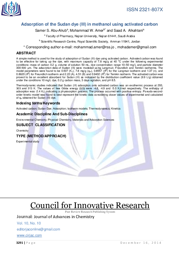 (PDF) Adsorption of the Sudan dye (III) in methanol using activated carbon