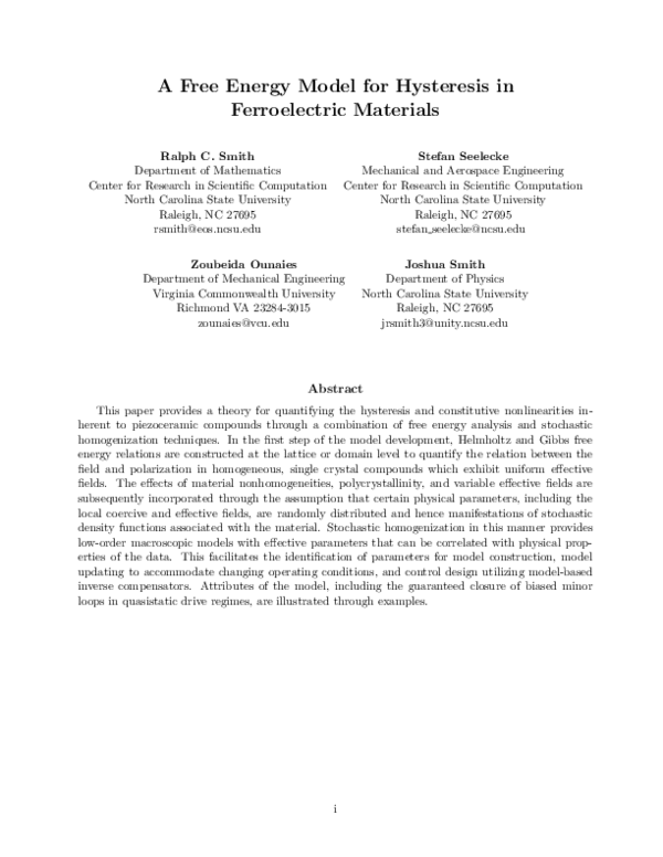 (PDF) A Free Energy Model for Hysteresis in Ferroelectric Materials