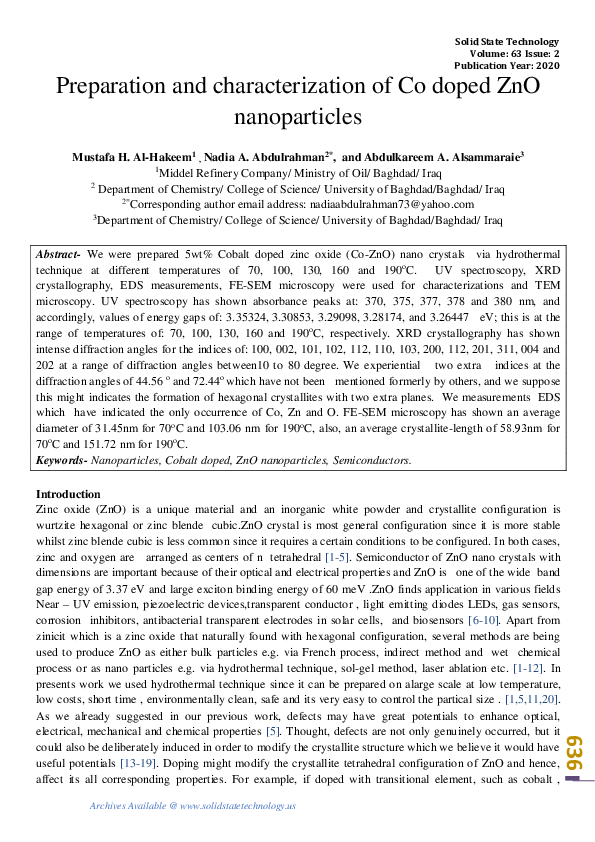(PDF) Preparation and characterization of Co doped ZnO nanoparticles