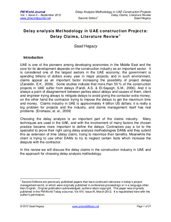 (PDF) Delay analysis Methodology in UAE construction Projects: Delay Claims, Literature Review 1