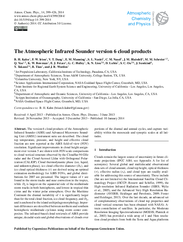 (PDF) The Atmospheric Infrared Sounder version 6 cloud products