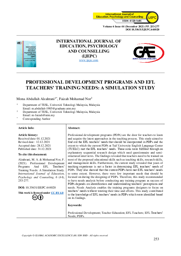 (PDF) Professional Development Programs and Efl Teachers’ Training Needs: A Simulation Study