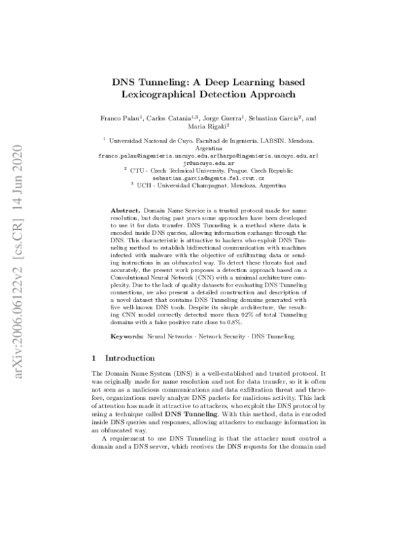 Pdf Dns Tunneling A Deep Learning Based Lexicographical Detection