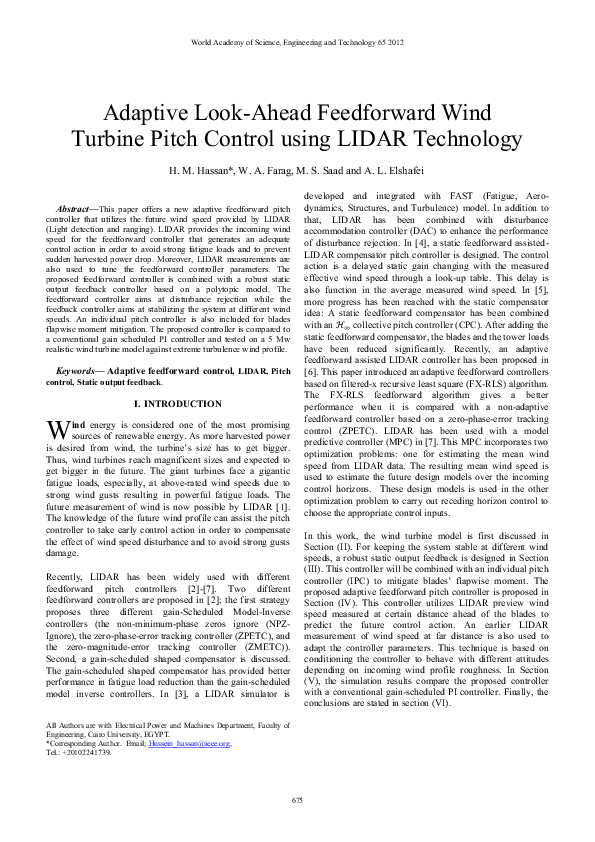 (PDF) Adaptive Look-Ahead Feedforward Wind Turbine Pitch Control using ...